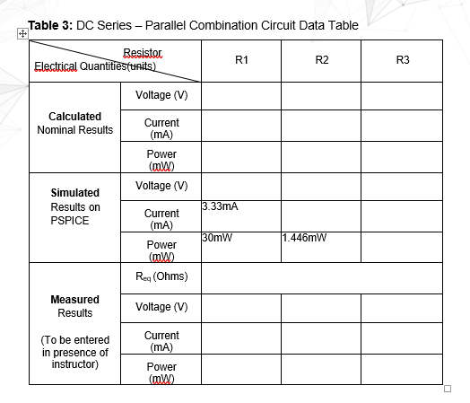 Solved please answer the following table 3 DC Parallel | Chegg.com