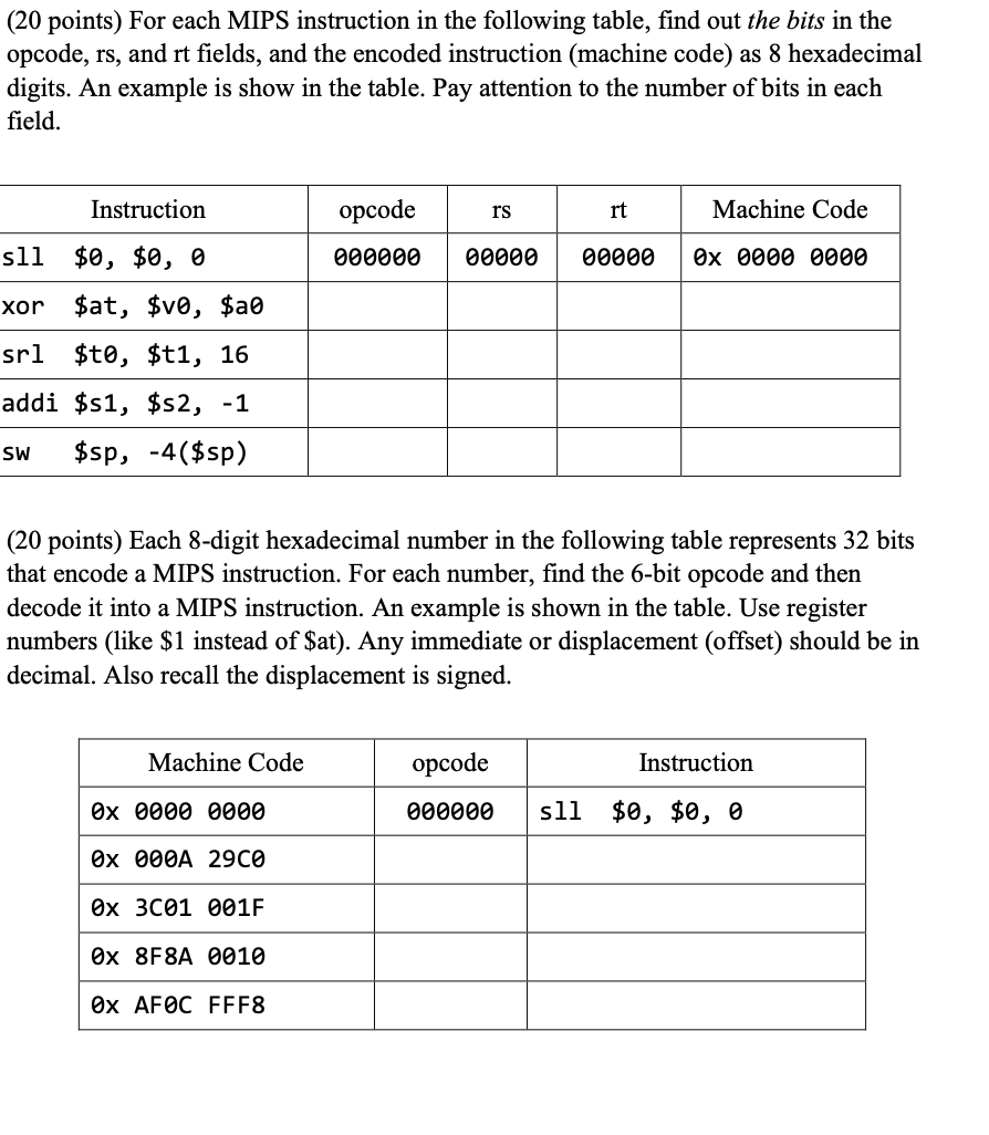 (20 points) For each MIPS instruction in the | Chegg.com