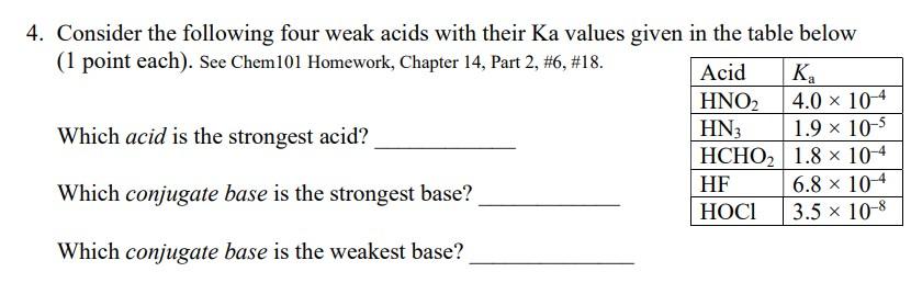 Solved 4. Consider the following four weak acids with their | Chegg.com