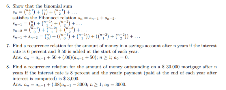 Solved 6. Show that the binomial sum satisfies the Fibonacci | Chegg.com