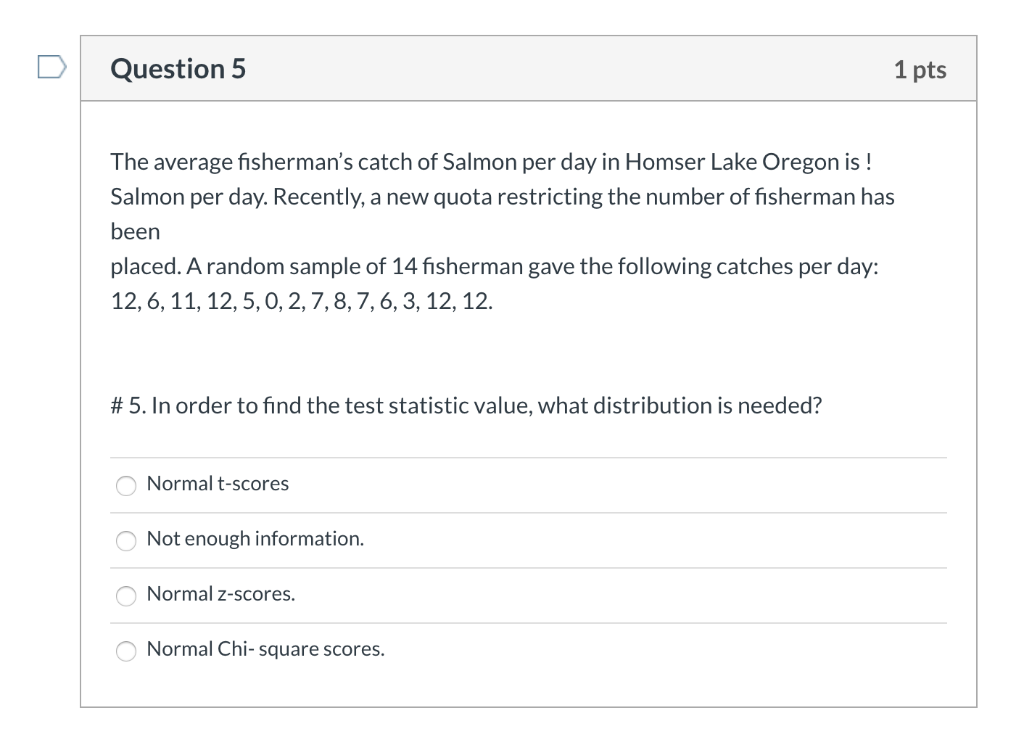 Solved Question 5 1 pts The average fisherman's catch of | Chegg.com