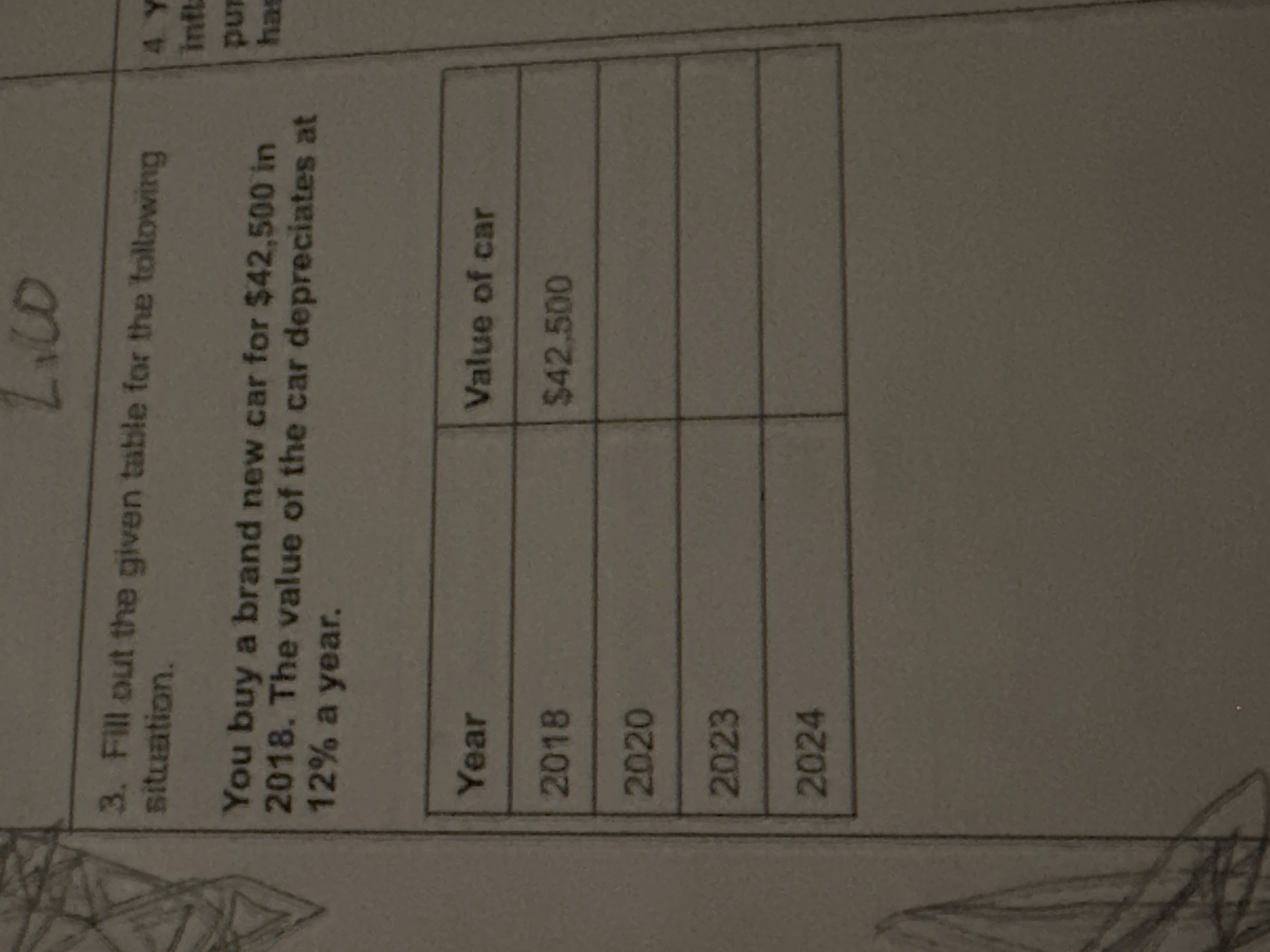 Solved you buy a brand new car for 42000 ﻿in 2018 ﻿the value | Chegg.com