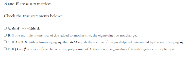 Solved A and B are n×n matrices. Check the true statements | Chegg.com