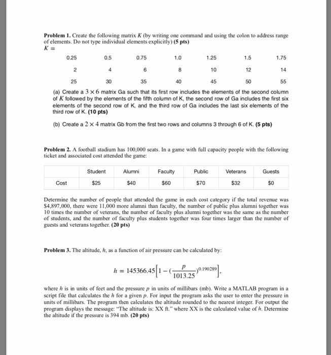 Solved Problem 1. Create the following matrix K (by writing | Chegg.com