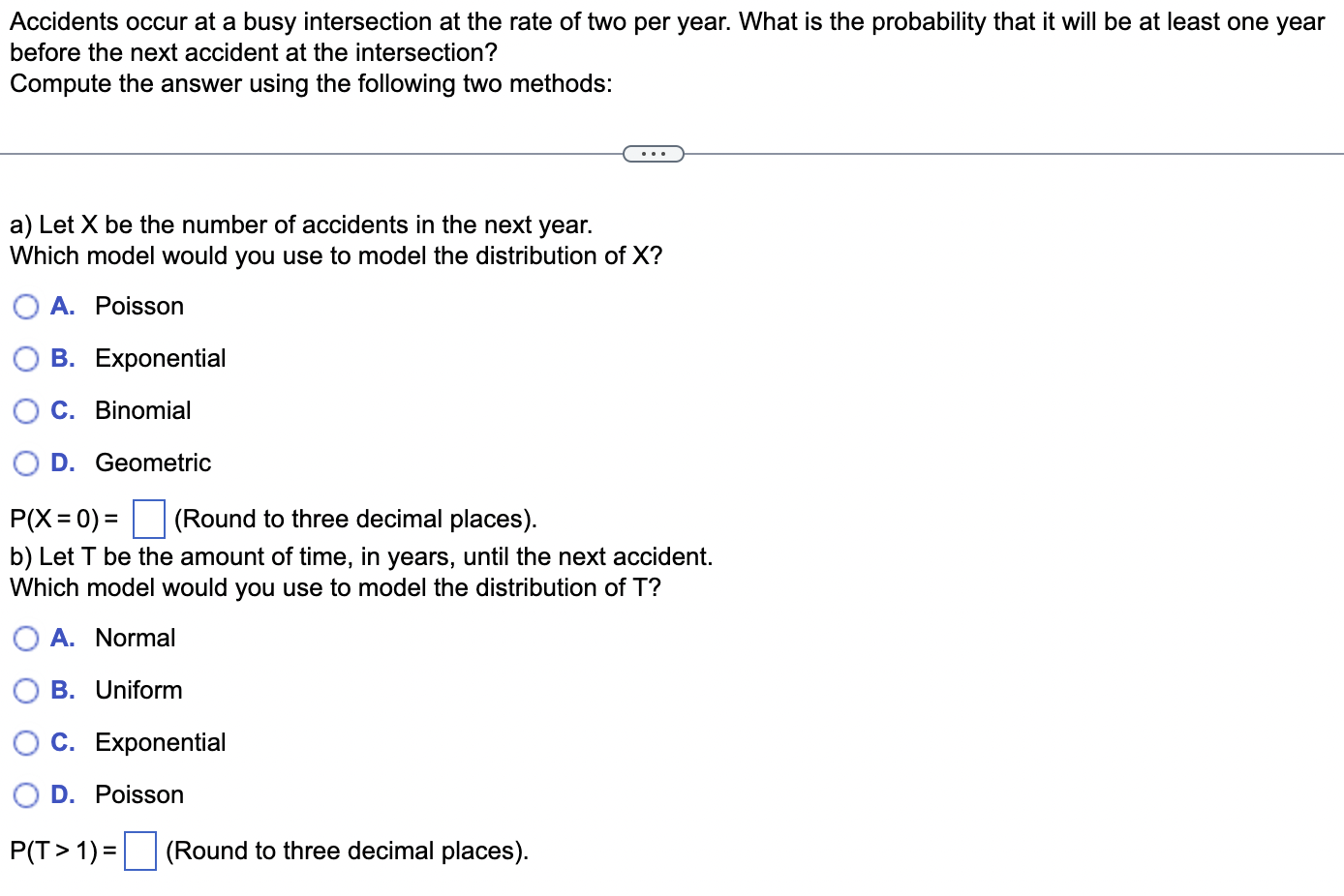 Solved Accidents occur at a busy intersection at the rate of | Chegg.com
