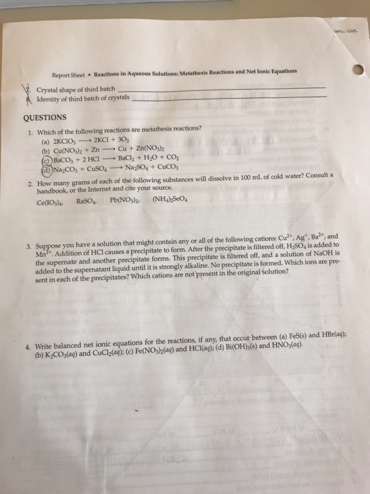 Solved Report Sheet Reactions in Aqueous Solutions: | Chegg.com