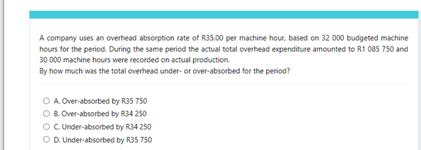 Solved A company uses an overhead absorption rate of R35.00 | Chegg.com
