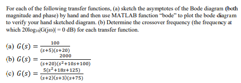 Solved For each of the following transfer functions, (a) | Chegg.com