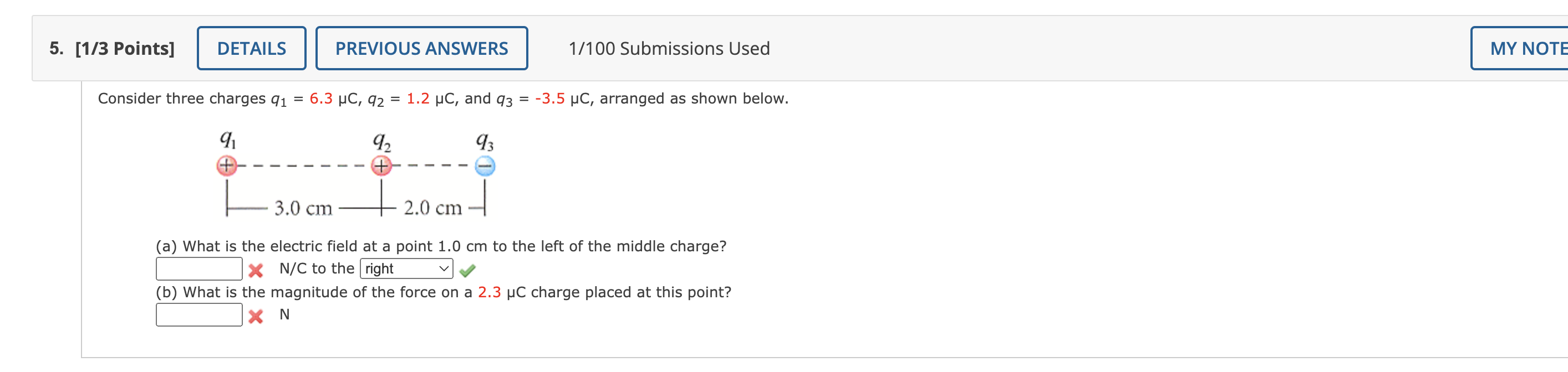 Solved Consider three charges q1=6.3μC,q2=1.2μC, and | Chegg.com
