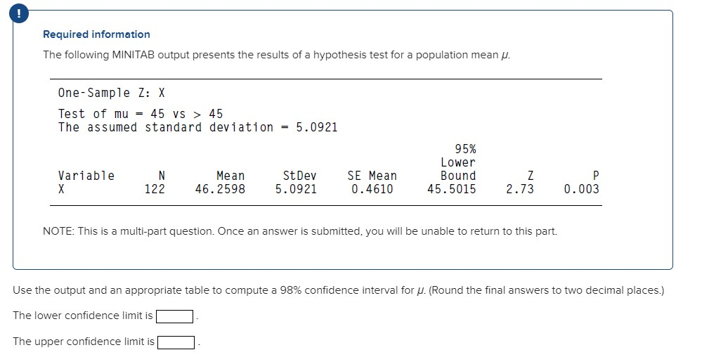 Solved Required information The following MINITAB output | Chegg.com
