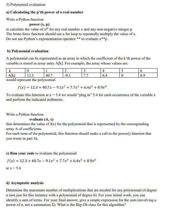 Solved 3) Polynomial evaluation a) Calculating the p'th | Chegg.com