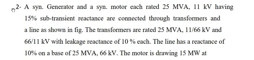 Solved S"2 2- A syn. Generator and a syn. motor each rated | Chegg.com
