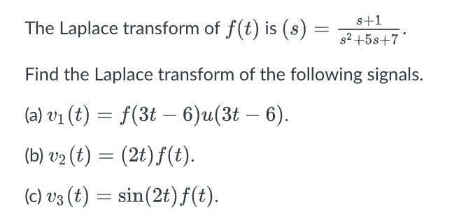 Solved The Laplace transform of f(t) is (s)=s2+5s+7s+1. Find | Chegg.com