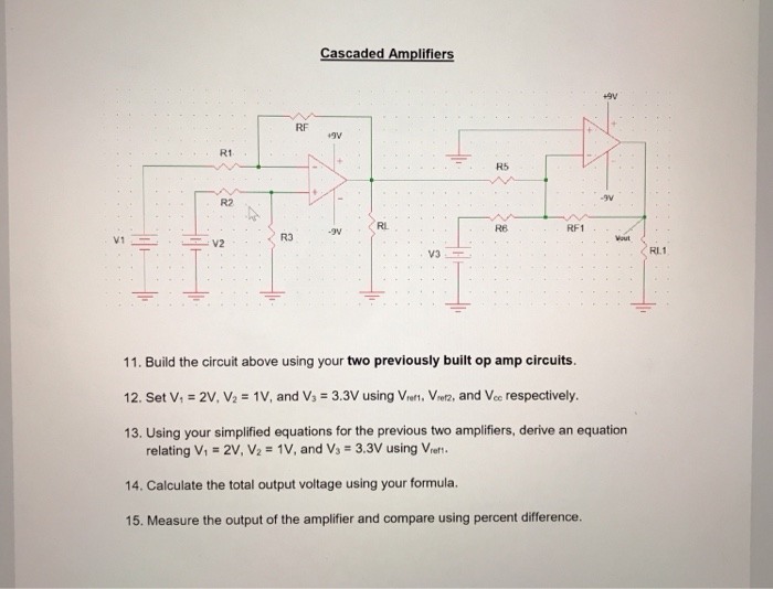 Solved Cascaded Amplifiers 9v RF R1 R5 R2 RE RF1 -9V 1v2 | Chegg.com