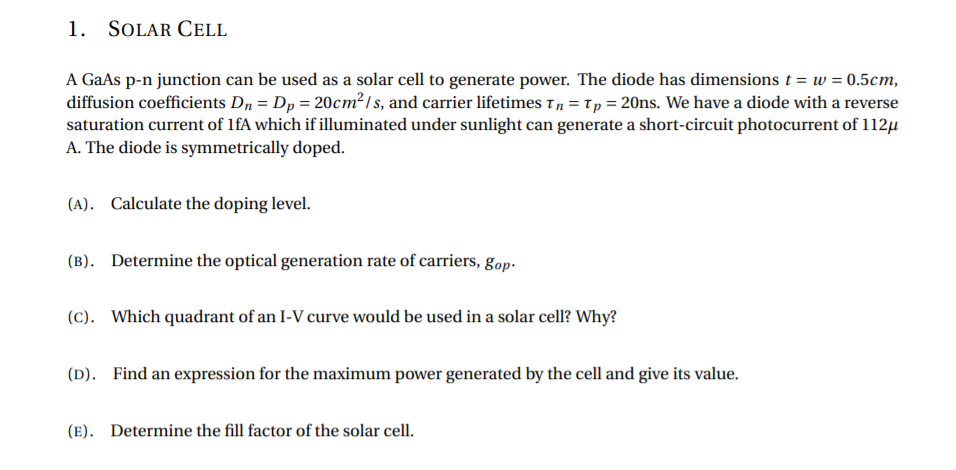 Solved 1. SOLAR CELL A GaAs p-n junction can be used as a | Chegg.com