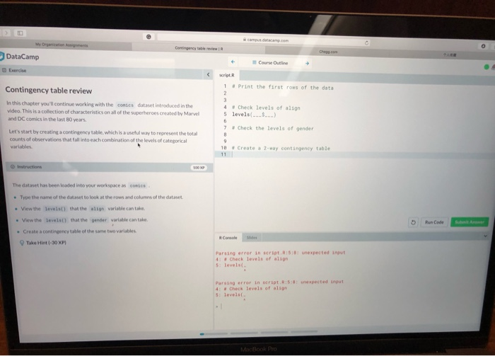 Solved 0 DataCamp ECourse Outline D Exercise crigt.R 1 Print | Chegg.com