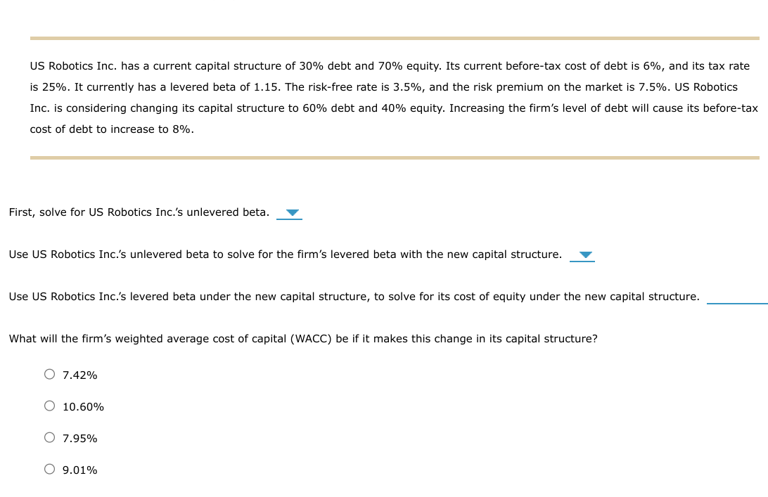 Solved First, solve for US Robotics Inc.'s unlevered beta | Chegg.com