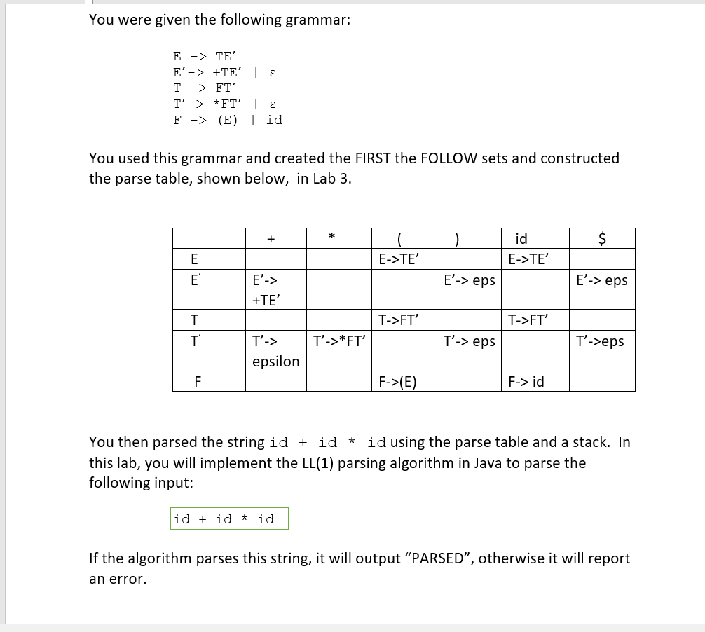 Solved Give Information Supposed Implement Ll1 Parser Java 6478