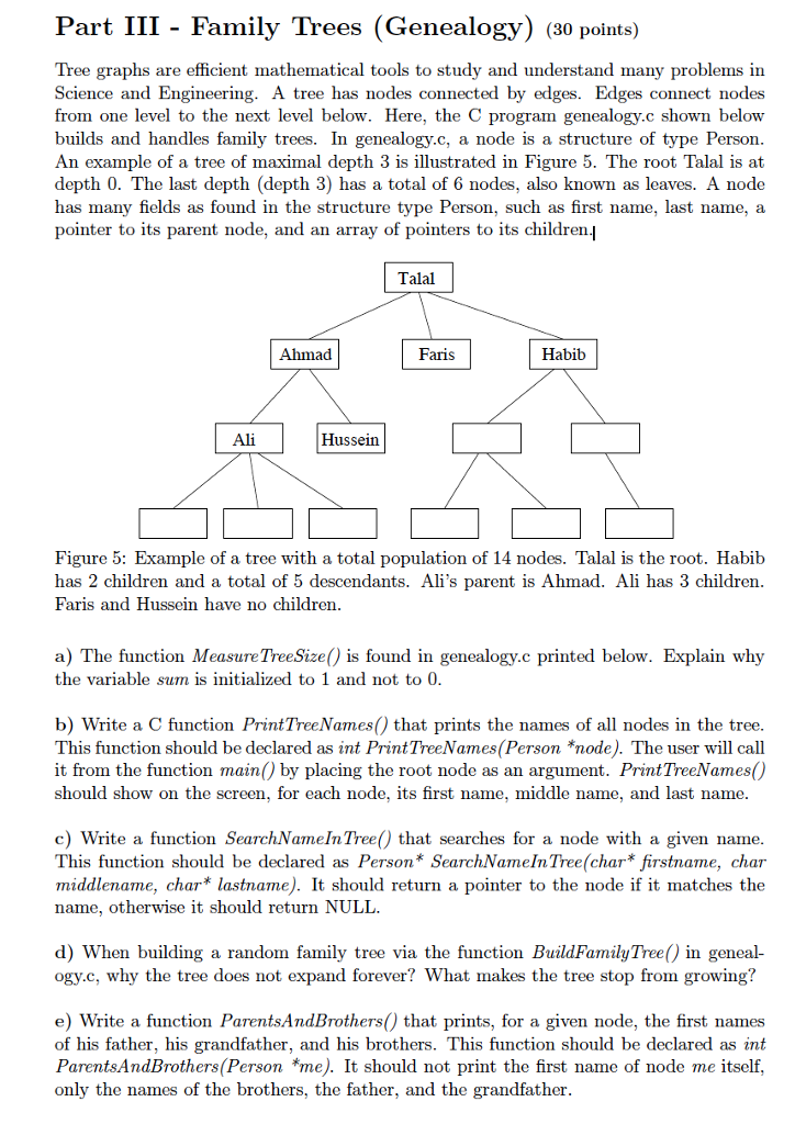 Solved Part III - Family Trees (Genealogy) (30 points) Tree | Chegg.com