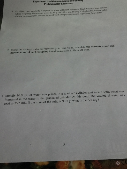 Solved Experiment 1-Measurements and engity Prelaboratory | Chegg.com