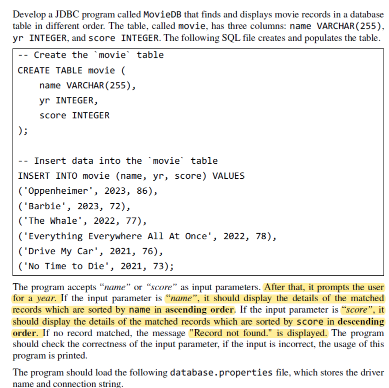 Solved movieDBDevelop a JDBC program called MovieDB that | Chegg.com