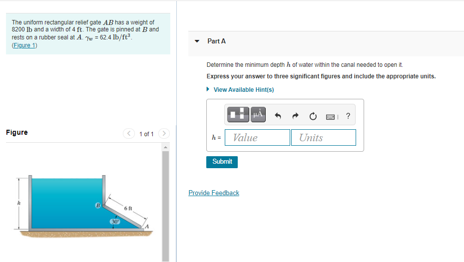 Solved The uniform rectangular relief gate AB has a weight | Chegg.com