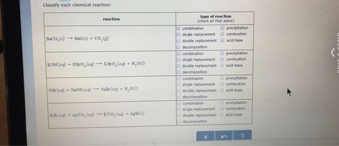 Solved Classify each chemical reaction type of reaction | Chegg.com Solved Classify each chemical reaction type of reaction | Chegg.com