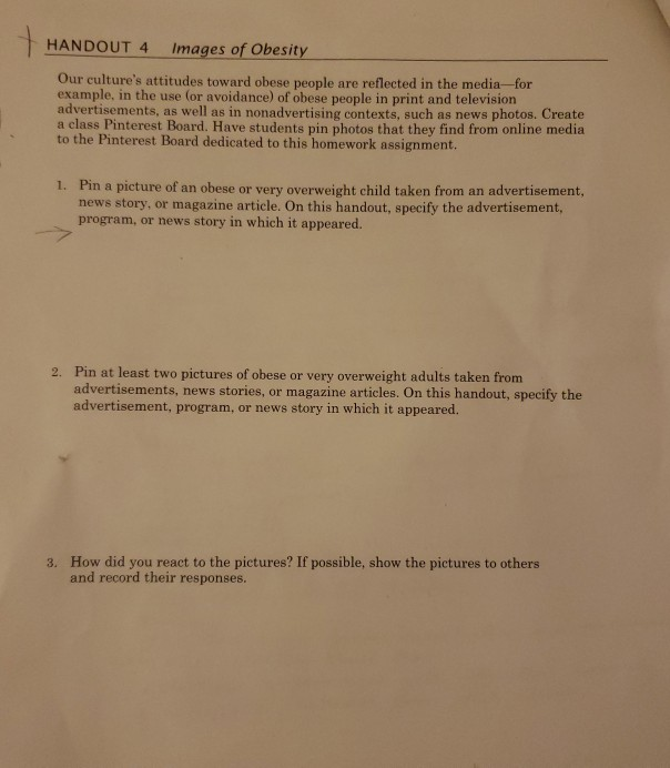 HANDOUT 4 Images of Obesity Our culture's attitudes | Chegg.com