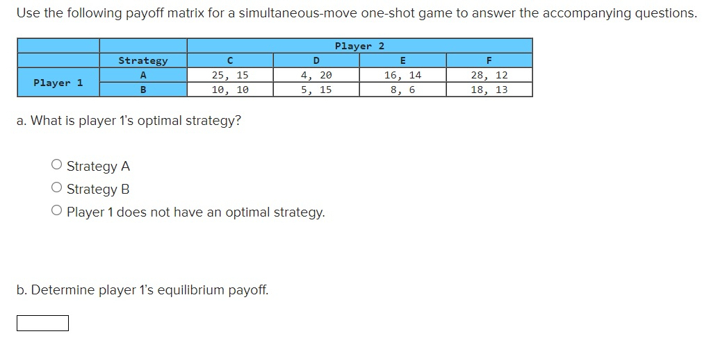Solved Use the following payoff matrix for a | Chegg.com