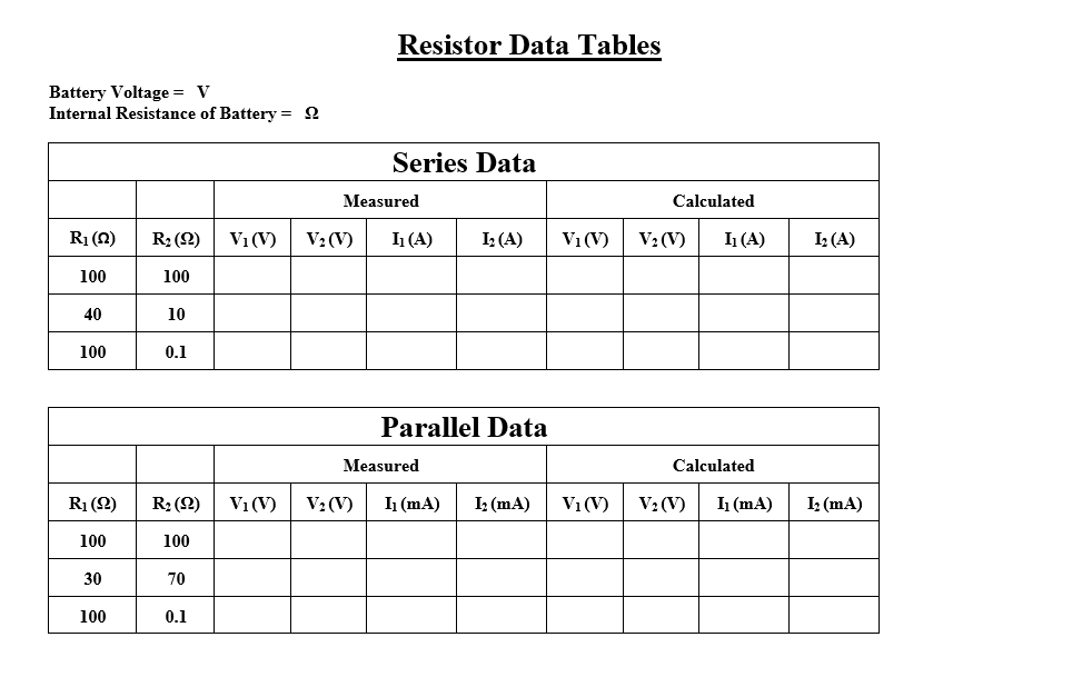 Resistor Data Tables Battery Voltage = V Internal | Chegg.com