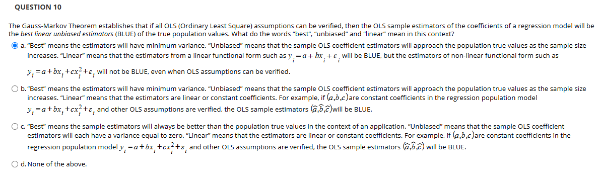 Solved QUESTION 10The Gauss-Markov Theorem establishes that | Chegg.com