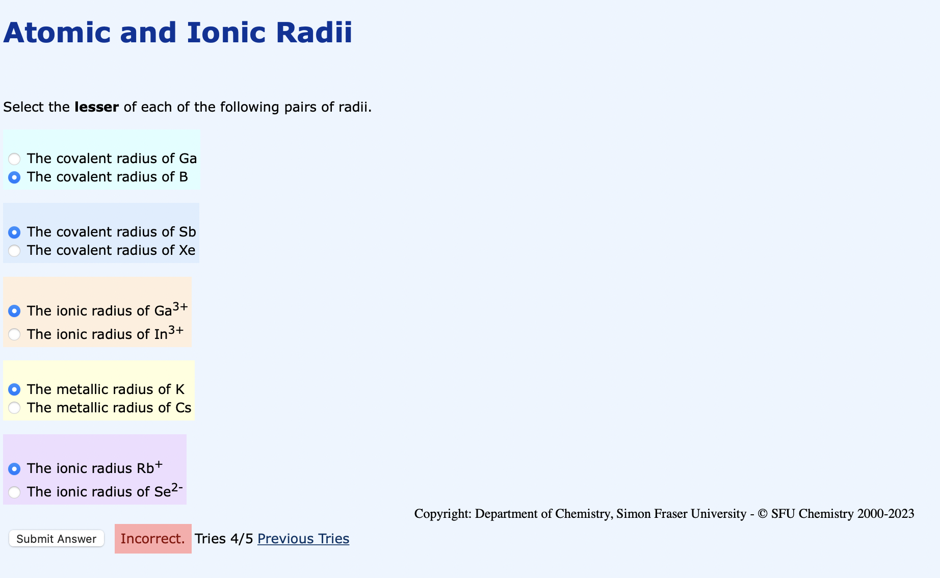Atomic and Ionic Radii Select the lesser of each of | Chegg.com