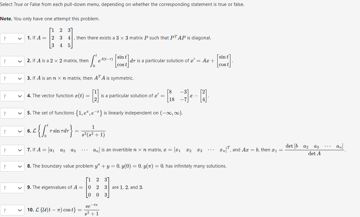 Solved elect True or False from each pull-down menu, | Chegg.com