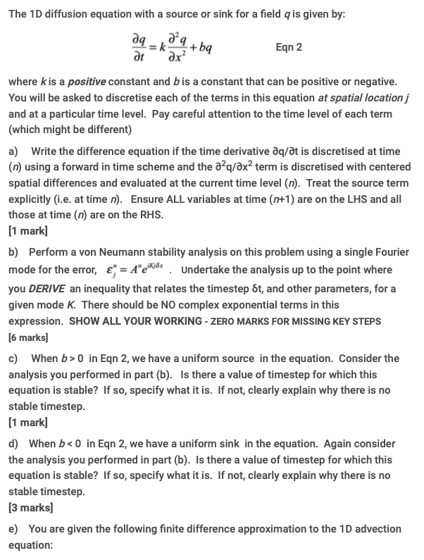 Solved The 10 diffusion equation with a source or sink for a | Chegg.com
