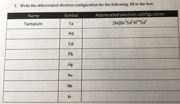 Solved 3. Write the abbreviated electron configuration for | Chegg.com