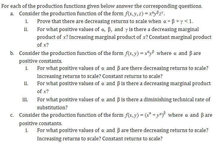 For each of the production functions given below | Chegg.com