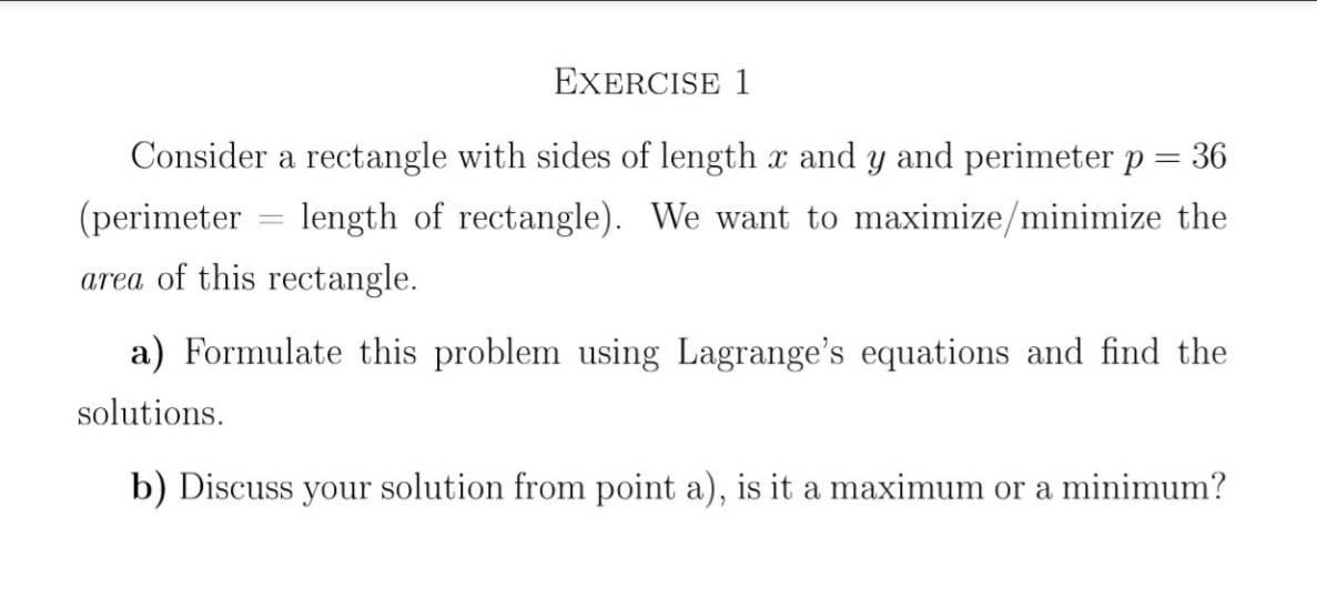 Solved EXERCISE 1 = Consider a rectangle with sides of | Chegg.com