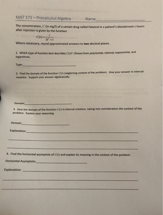 Solved MAT 171-Precalculus Algebra Name The concentration, C | Chegg.com