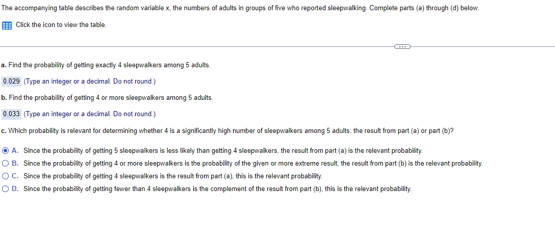 Solved The accompanying table describes the random variable | Chegg.com