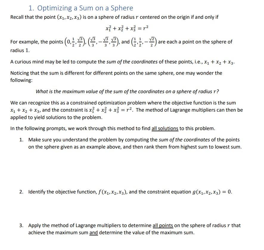 Solved 1. Optimizing a Sum on a Sphere Recall that the point | Chegg.com