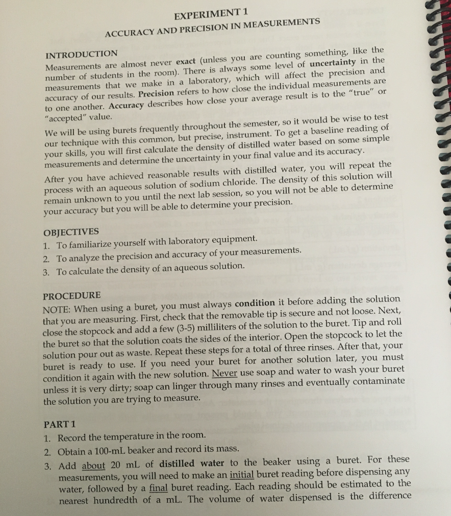 EXPERIMENT 1 ACCURACY AND PRECISION IN MEASUREMENTS | Chegg.com