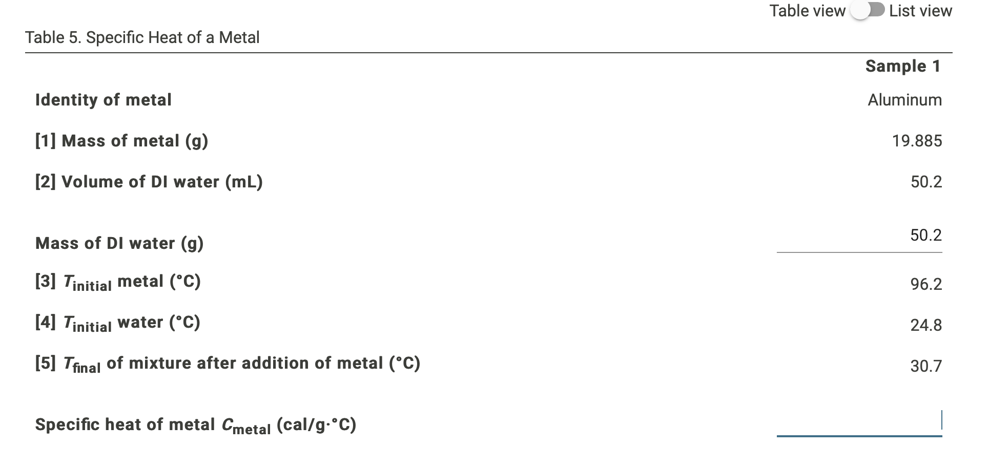 Solved Table view List view Table 5. Specific Heat of a | Chegg.com