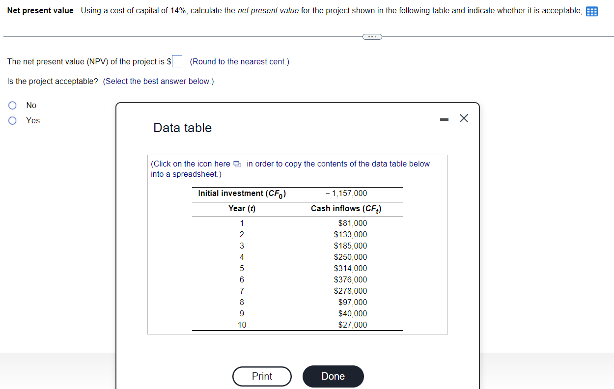 Solved Net present value Using a cost of capital of 14%, | Chegg.com