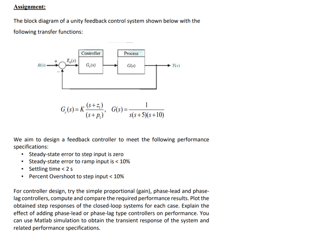 Assignment: The block diagram of a unity feedback | Chegg.com