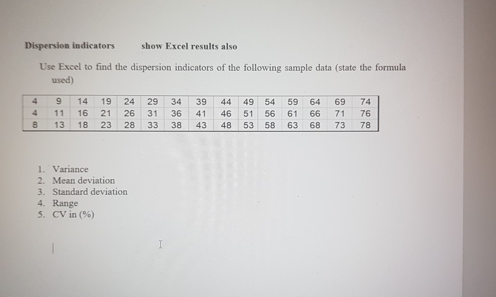 Solved Dispersion indicators show Excel results also Use | Chegg.com