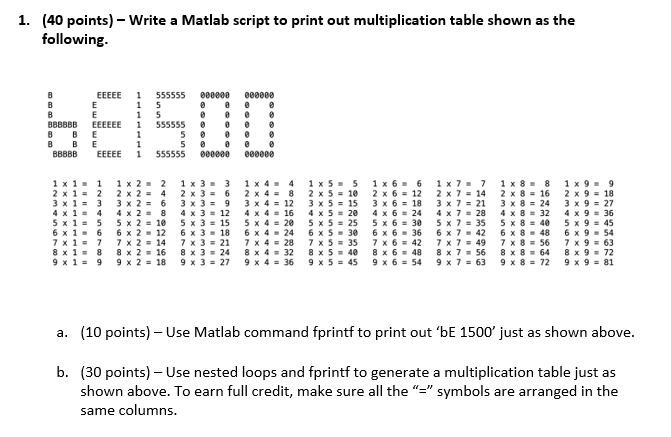 1. (40 points) – Write a Matlab script to print out | Chegg.com