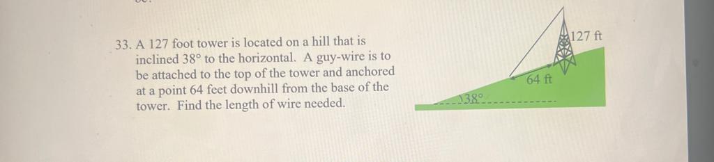 Solved 33. A 127 foot tower is located on a hill that is | Chegg.com