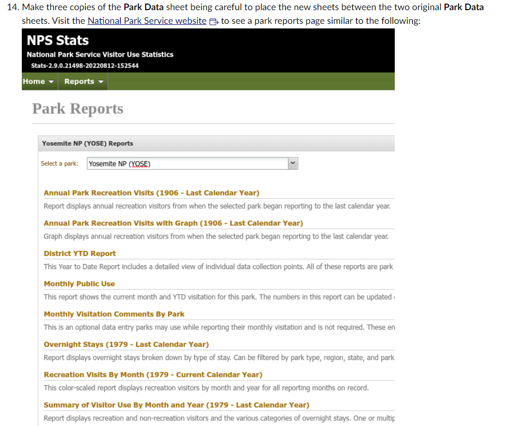 Solved 5. Make a copy of the Park Data sheet making it the | Chegg.com