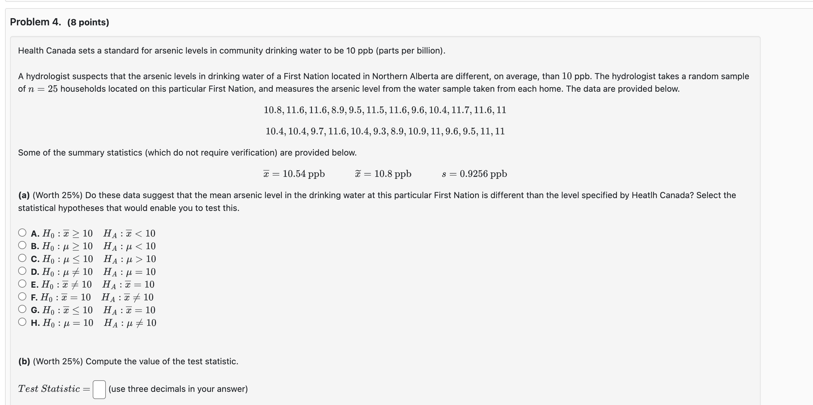 Solved Problem 4. (8 ﻿points)Health Canada sets a standard | Chegg.com