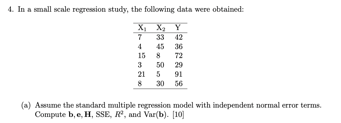 Solved 4. In a small scale regression study, the following | Chegg.com